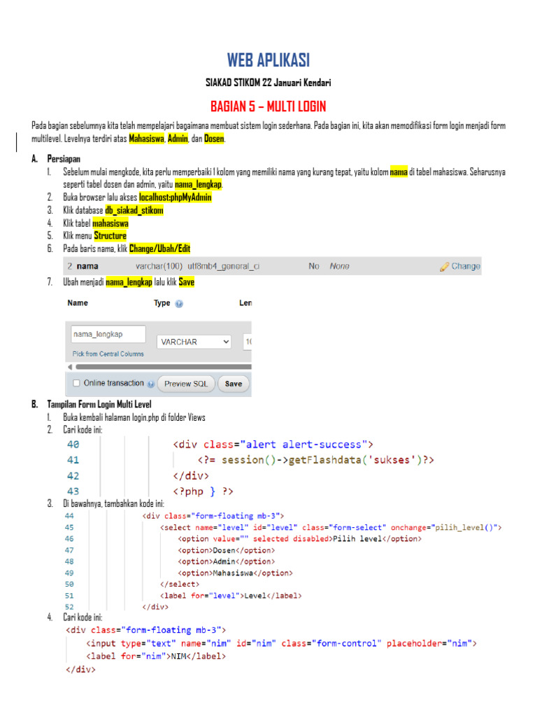 WEB APLIKASI SIAKAD STIKOM - BAGIAN 5 - Membuat Form Multi Login | PDF