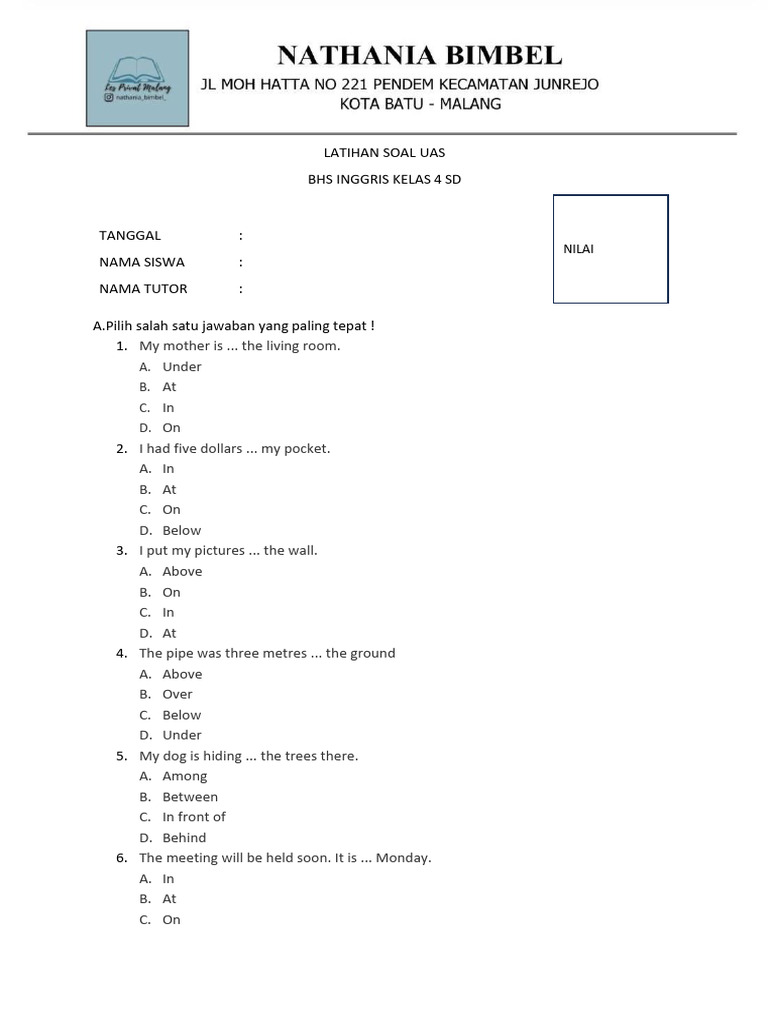 Salinan Latsol Uas Bahasa Inggris 4 SD | PDF | Meal | Lunch