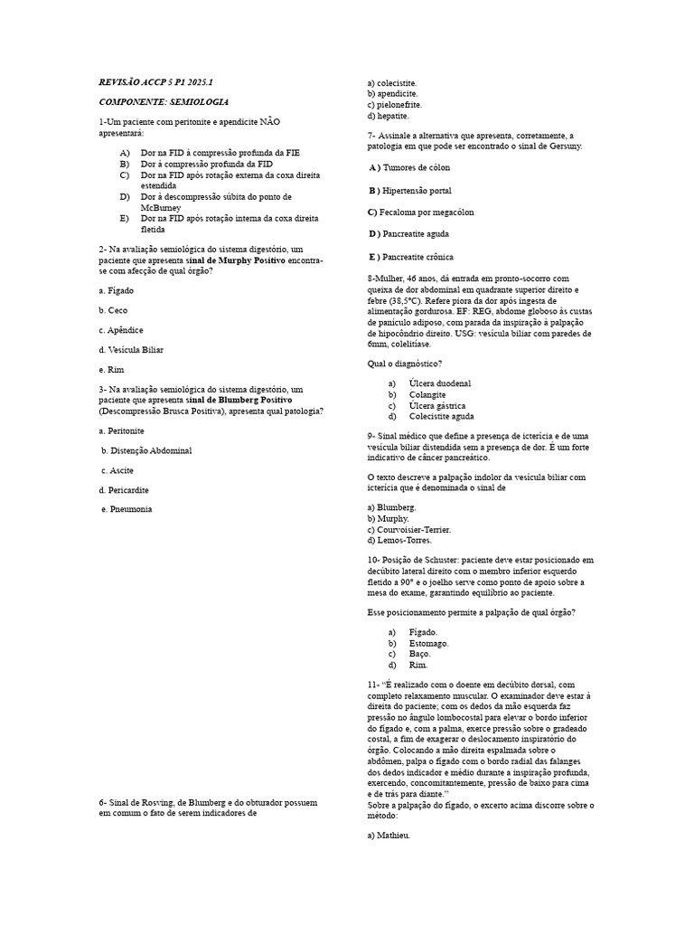 Revisão Accp 5 P1 2025 | PDF | Rim | Pélvis