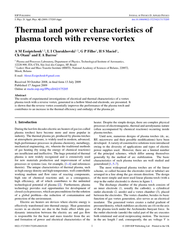 Alexei - Thermal and Power Characteristics of Plasma Torch With Reverse Vortex | PDF | Electric ...