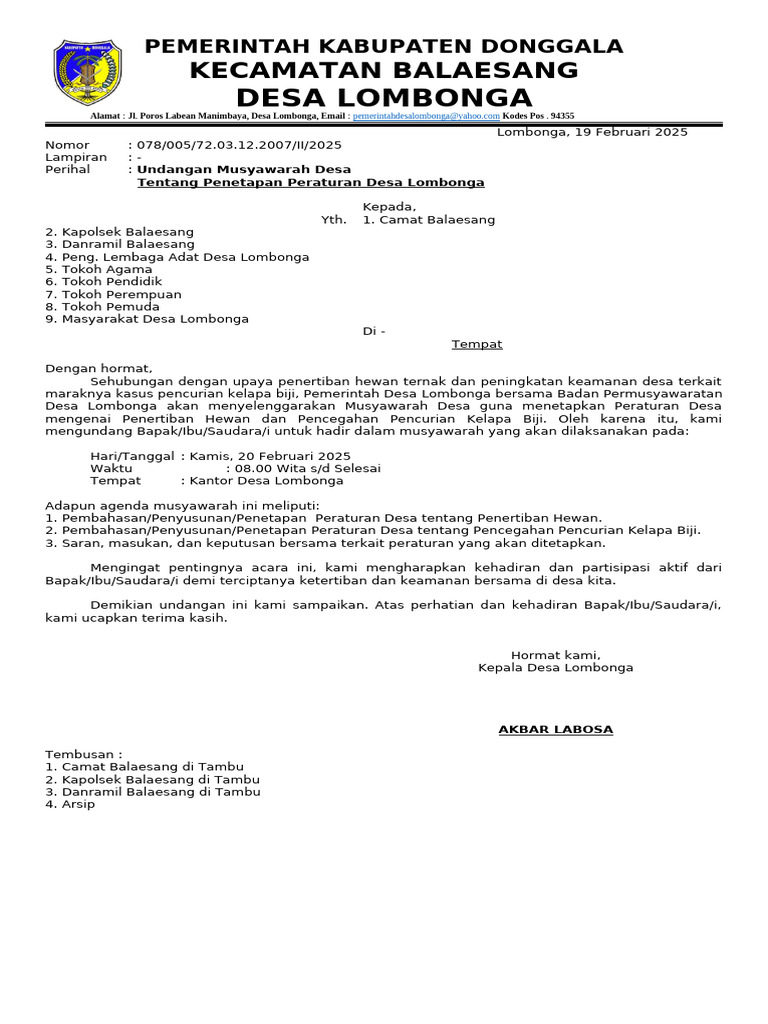 SURAT UNDANGAN MUSYAWARAH DESA 2025 | PDF