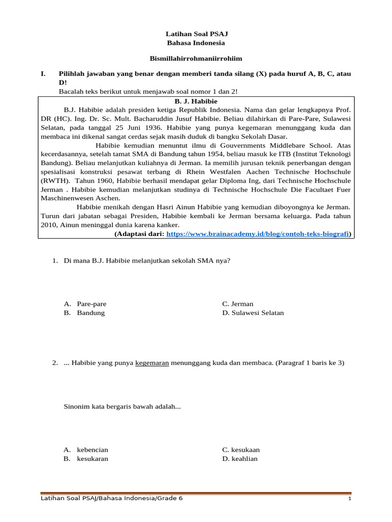 LATSOAL PSAJ BAHASA Indonesia Kelas 6 | PDF