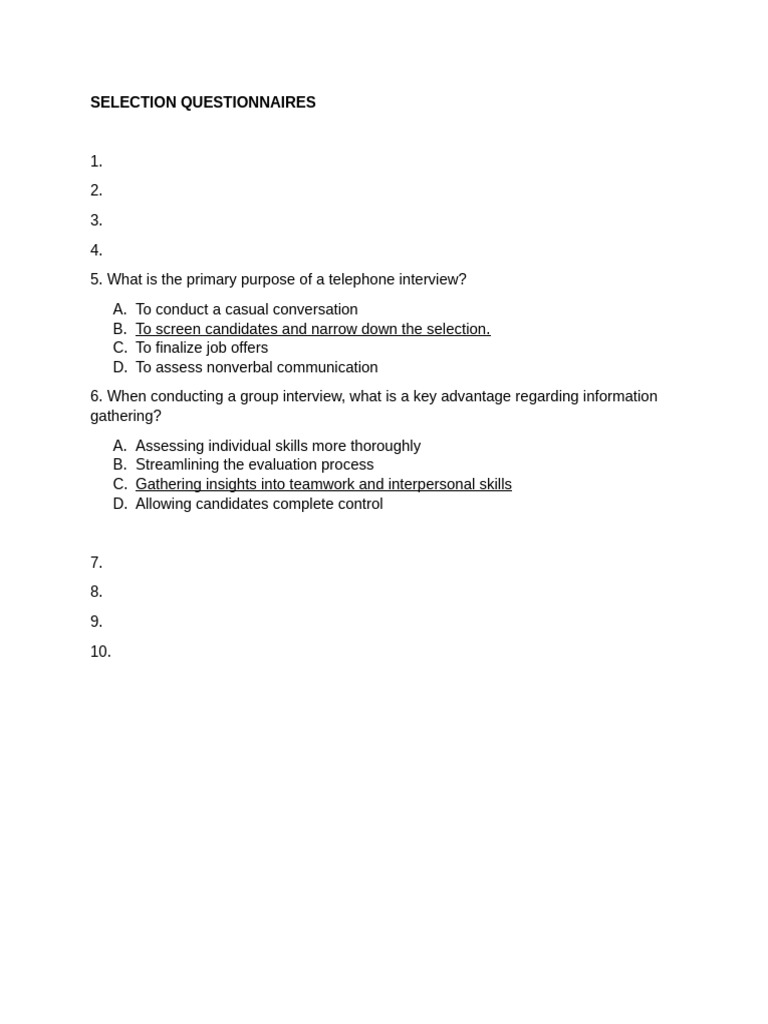 Selection Questionnaires | PDF