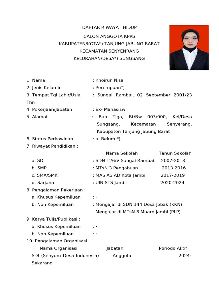 00 DAFTAR RIWAYAT HIDUP KPPS Foto | PDF