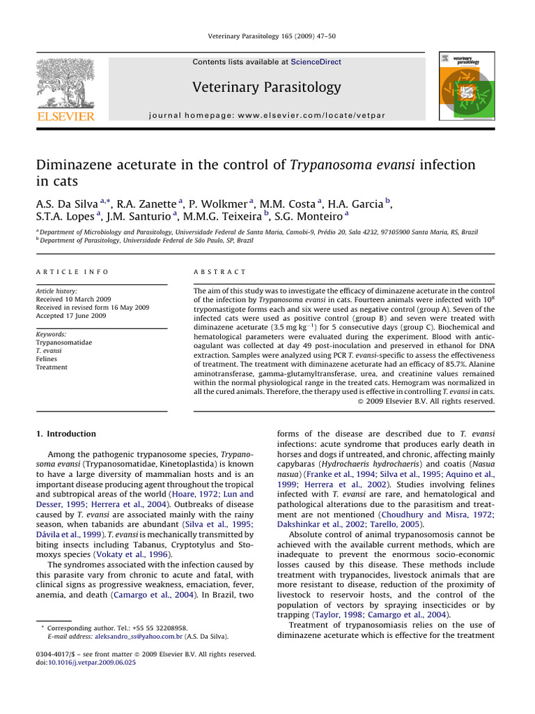 Diminazeno Trypanosoma Evansi Gatos | PDF | Infection | Analysis Of ...