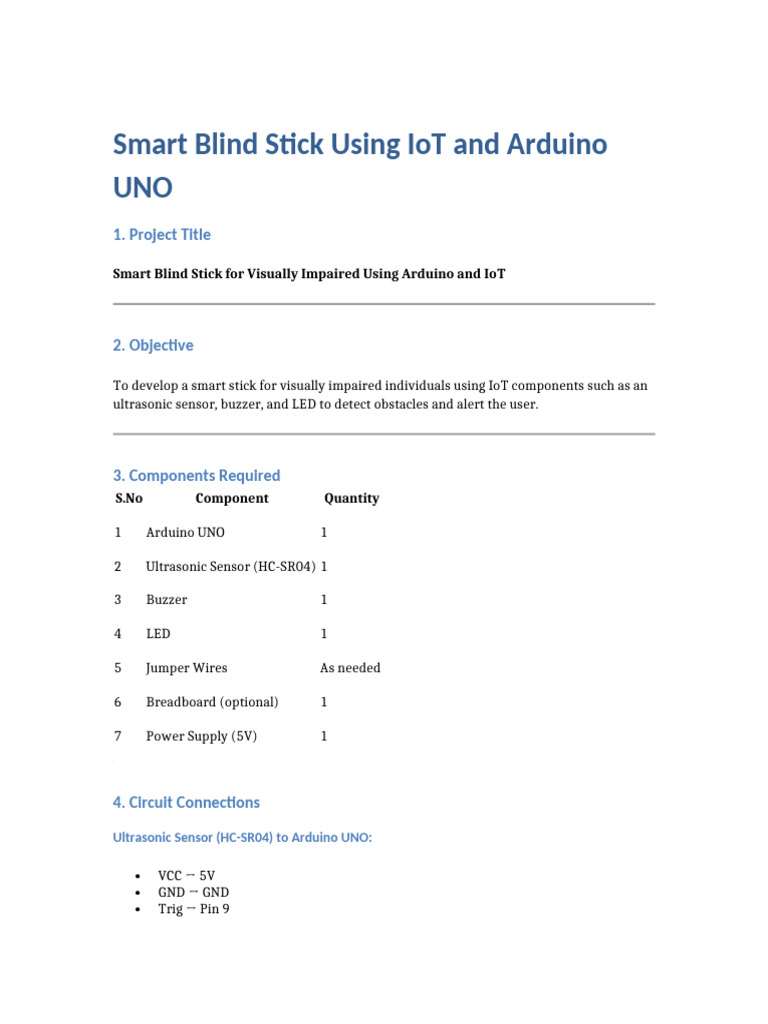 Smart Blind Stick Using IoT and Arduino | PDF | Arduino | Manufactured ...