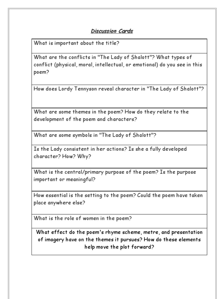 Lady of Shalott Discussion Cards and Independent Study Eb | PDF | Poetry