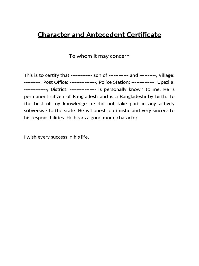 Character Certificate | PDF