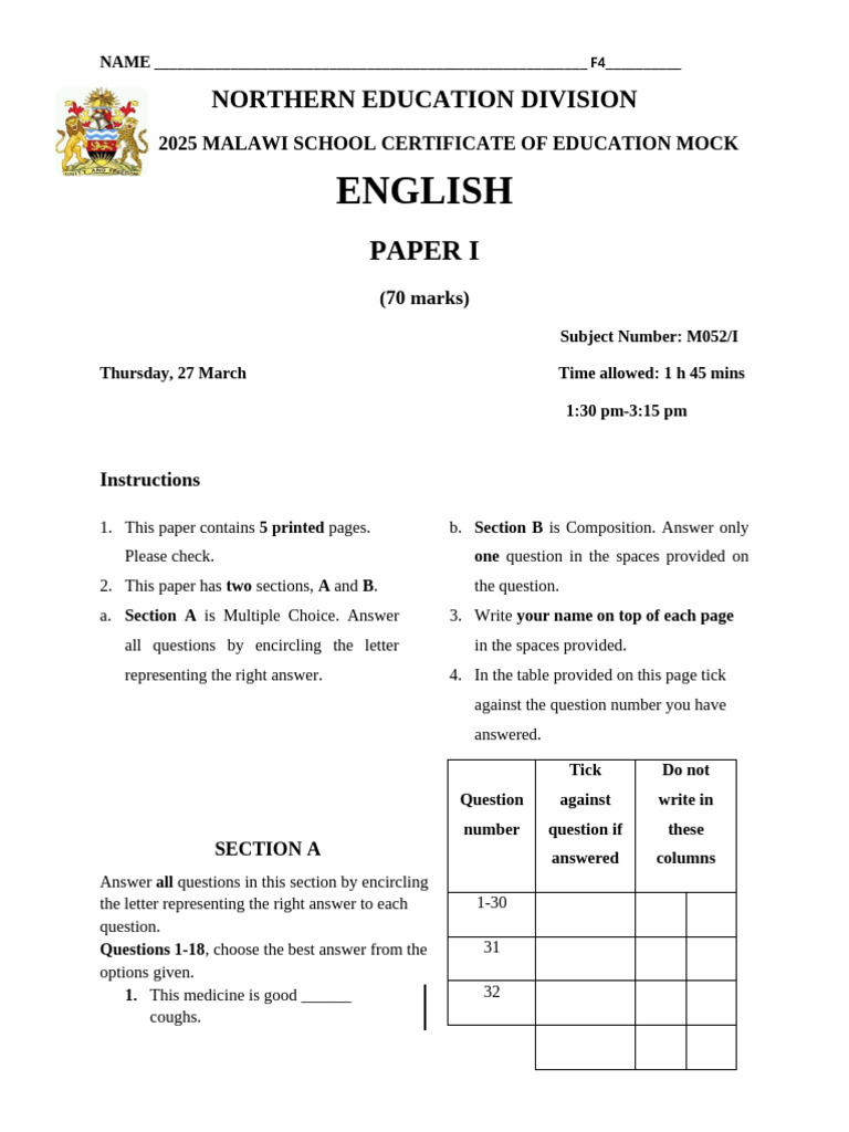 English Form 4 Mock Paper I | PDF | Adverb | Adjective