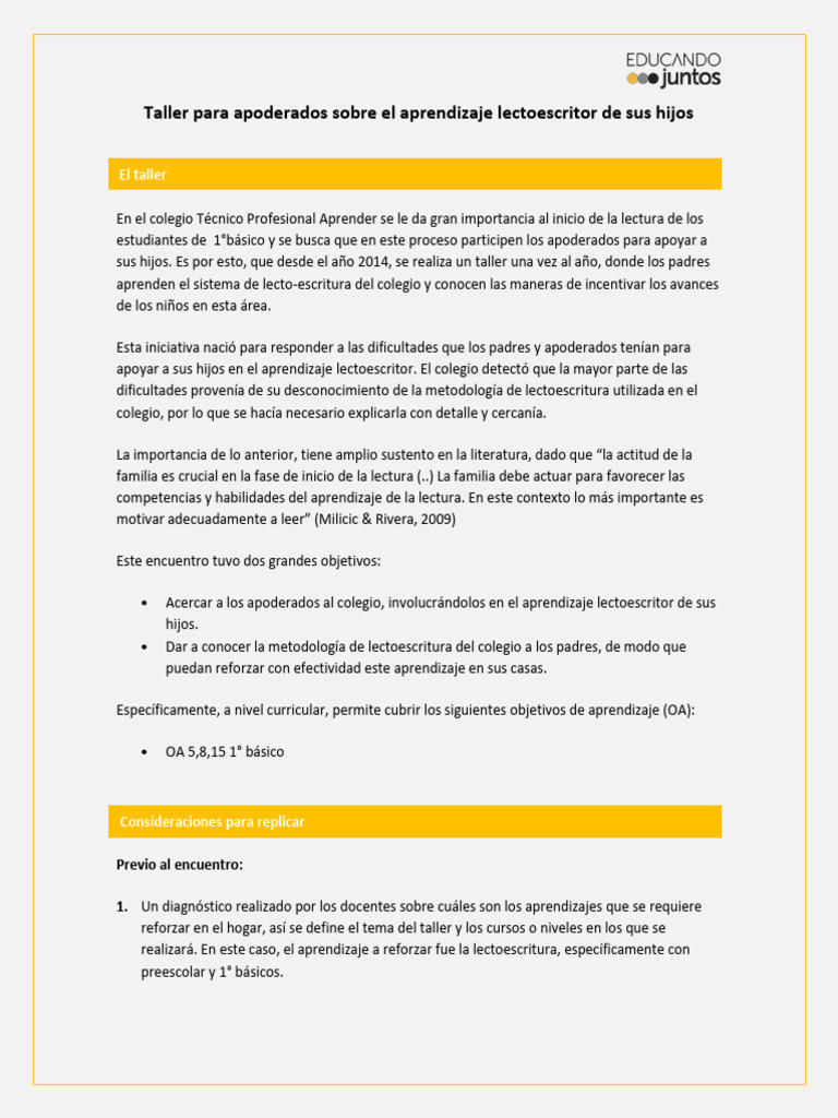 Taller para Apoderados Sobre El Aprendizaje Lectoescritor de Sus Hijos | PDF | Aprendizaje ...