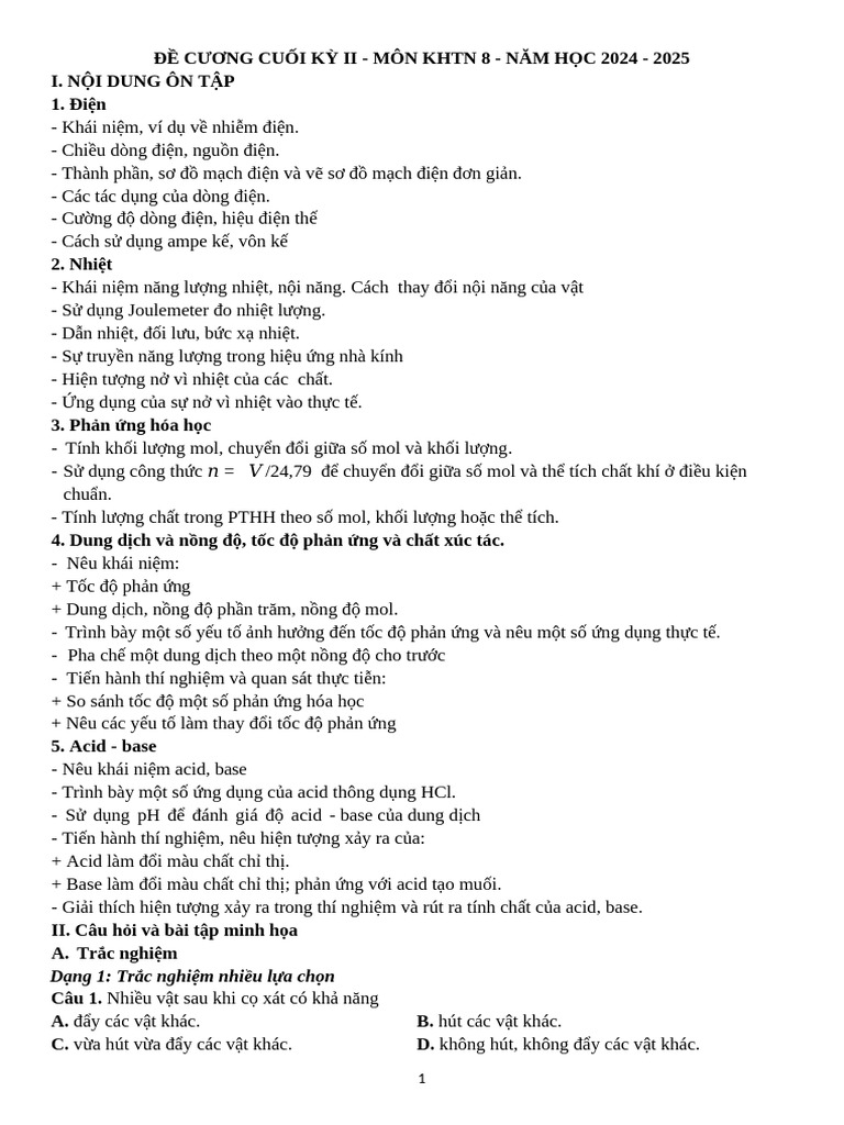ĐỀ CƯƠNG MÔN KHTN 8 HK 2 NĂM HỌC 2024-2025 HHT (Chốt) | PDF
