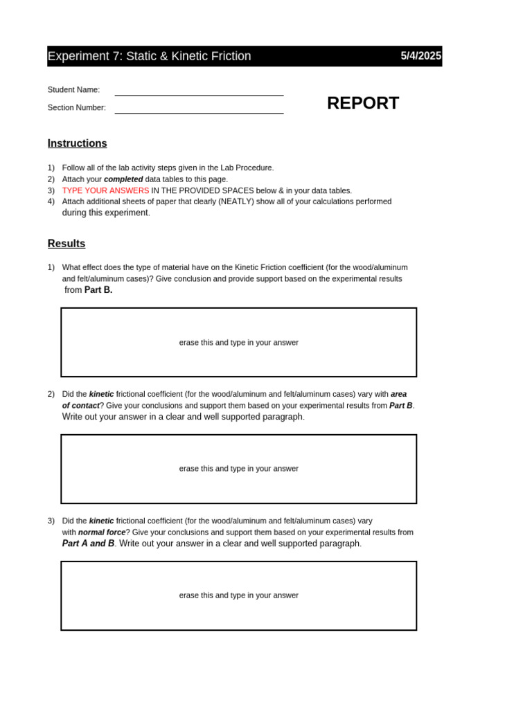 PHYS 2425 Exp 7 Report Template-1 | PDF | Friction | Physical Chemistry