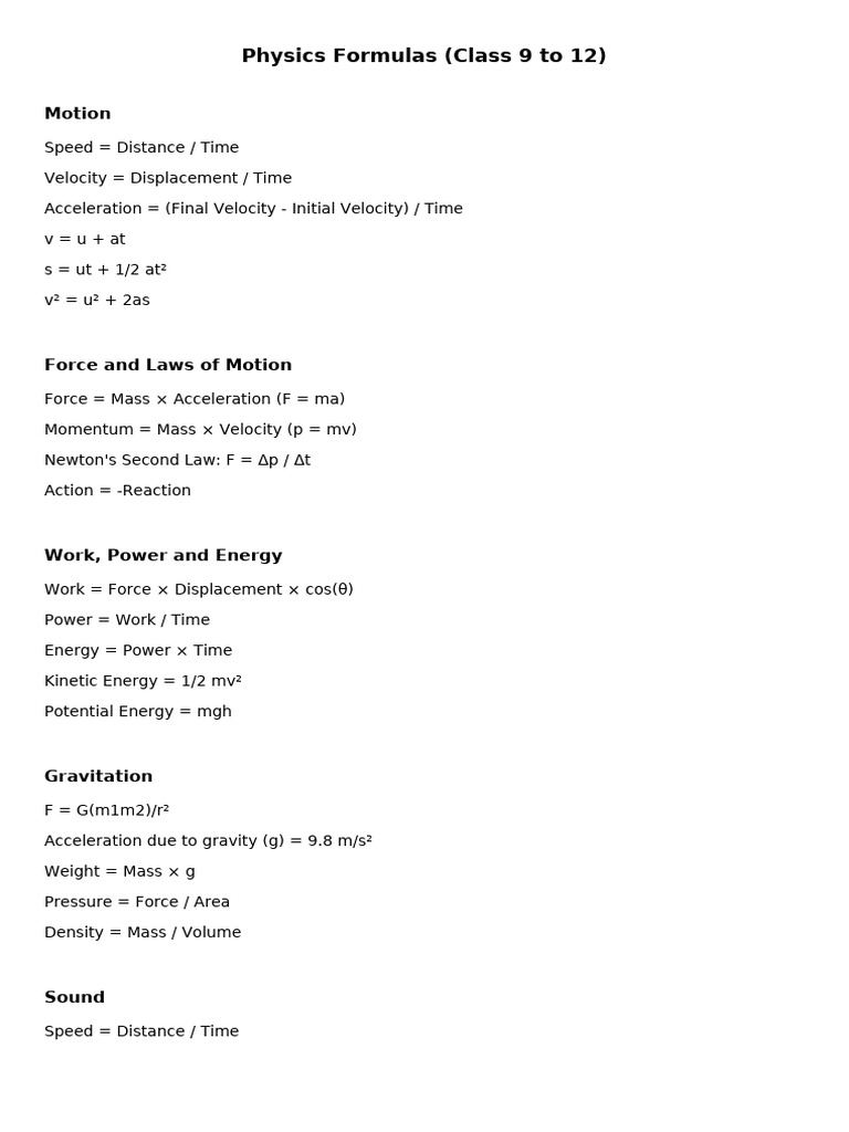 Class 9 Physics Formulas Overview | PDF
