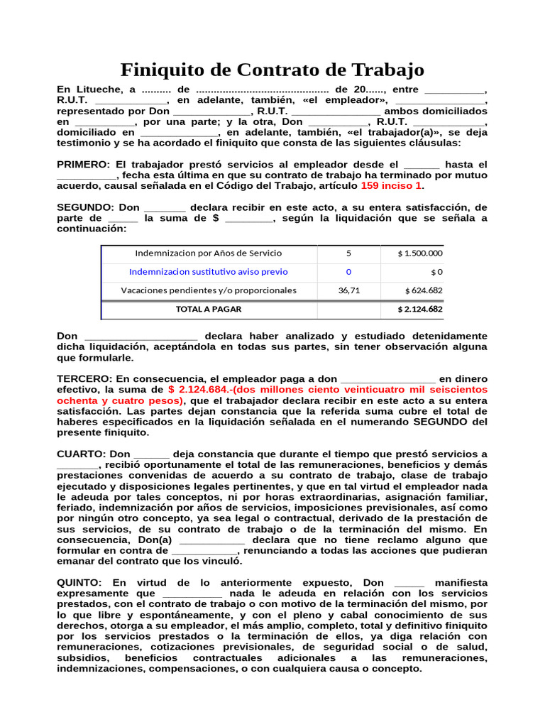 Modelo de Finiquito Laboral | PDF