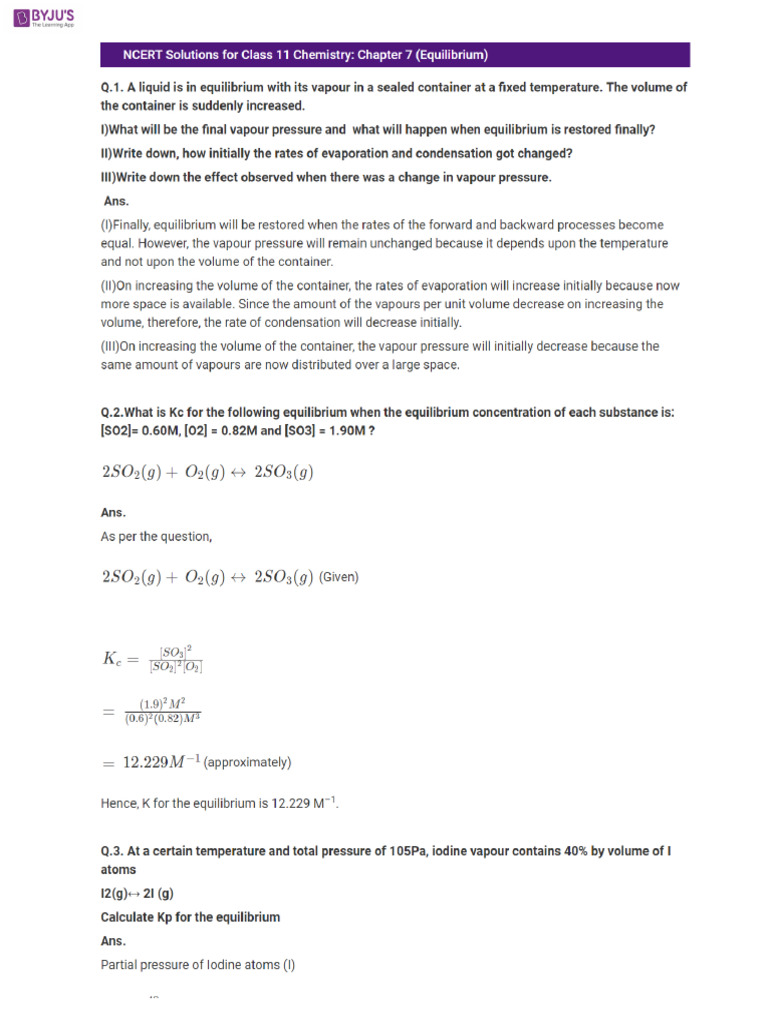 Ncert Sol For Class 11 Che CH 7 | PDF | Chemical Equilibrium | Acid Dissociation Constant