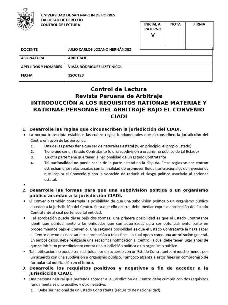 Requisitos Rationae del Arbitraje CIADI | PDF | Estado (política ...