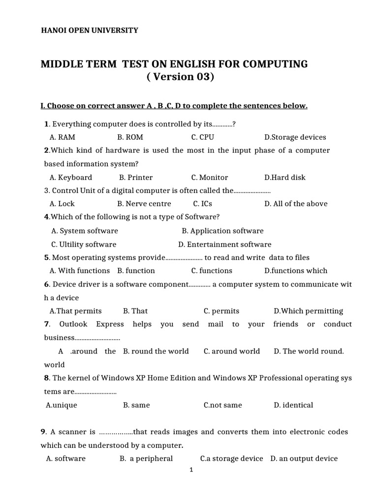 Middle Term Test. Tanversion 3 | PDF | Computer Keyboard | Input/Output