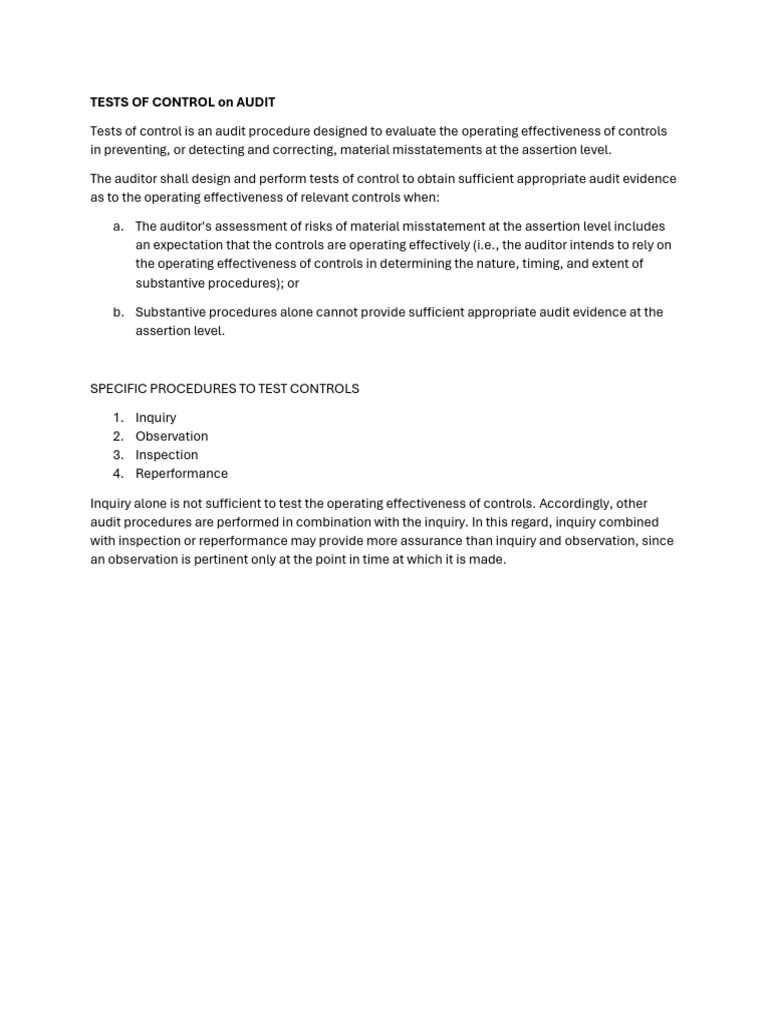 TESTS OF CONTROL On AUDIT | PDF