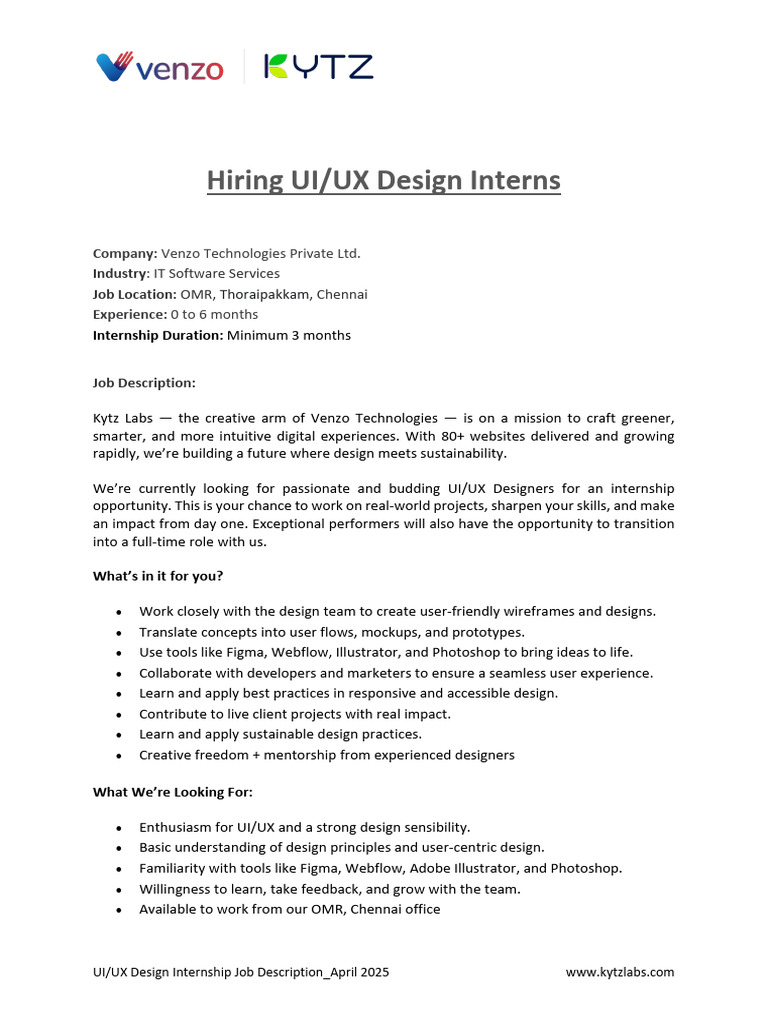 Venzo - UI - UX Design Internship - JD - 2025 | PDF | Design