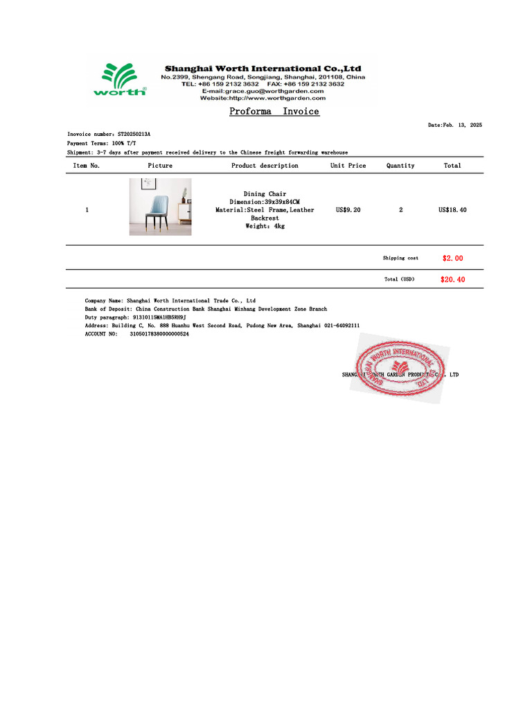 Proforma Invoice for Dining Chairs | PDF