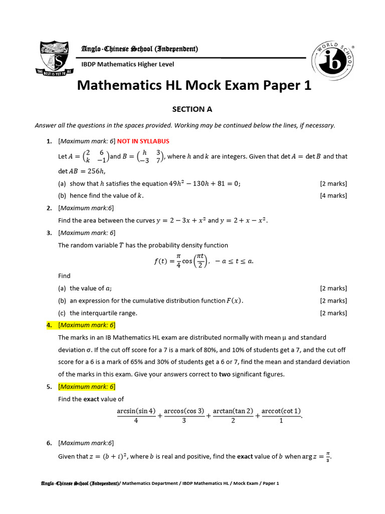 Mathematics HL Mock Exam Paper 1: Section A | PDF | Function ...
