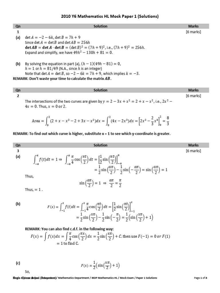 2010 Y6 Mathematics HL Mock Paper 1 (Solutions) : QN Solution Marks 1 (A) | PDF | Mathematics ...