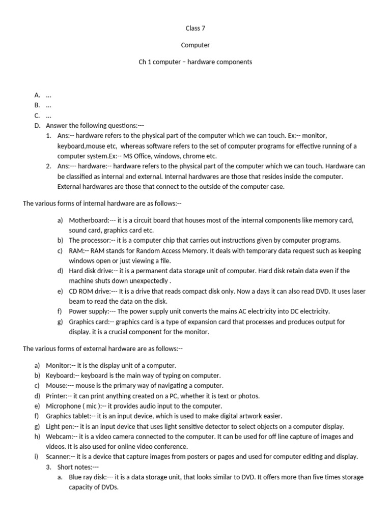 Class 7 Computer Hardware Overview | PDF | Computer Hardware | Random Access Memory