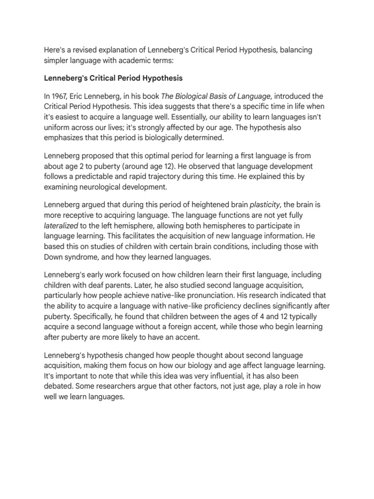 Lenneberg's Critical Period Hypothesis | PDF