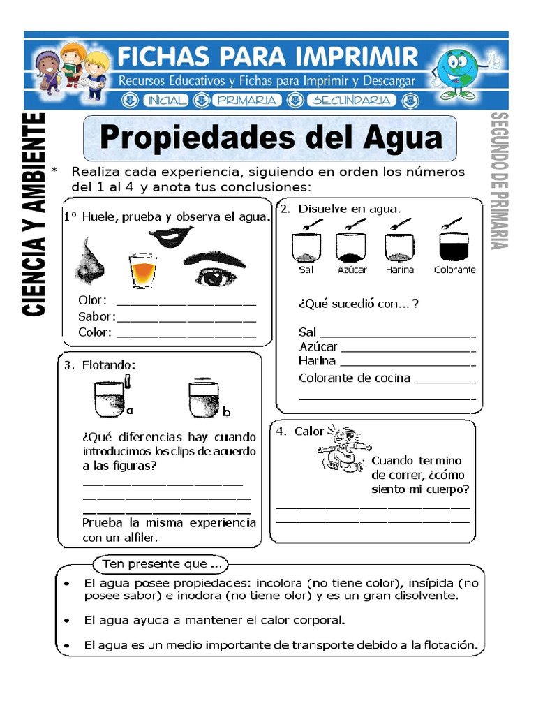 Ficha de Propiedades Del Agua para Segundo de Primaria | PDF