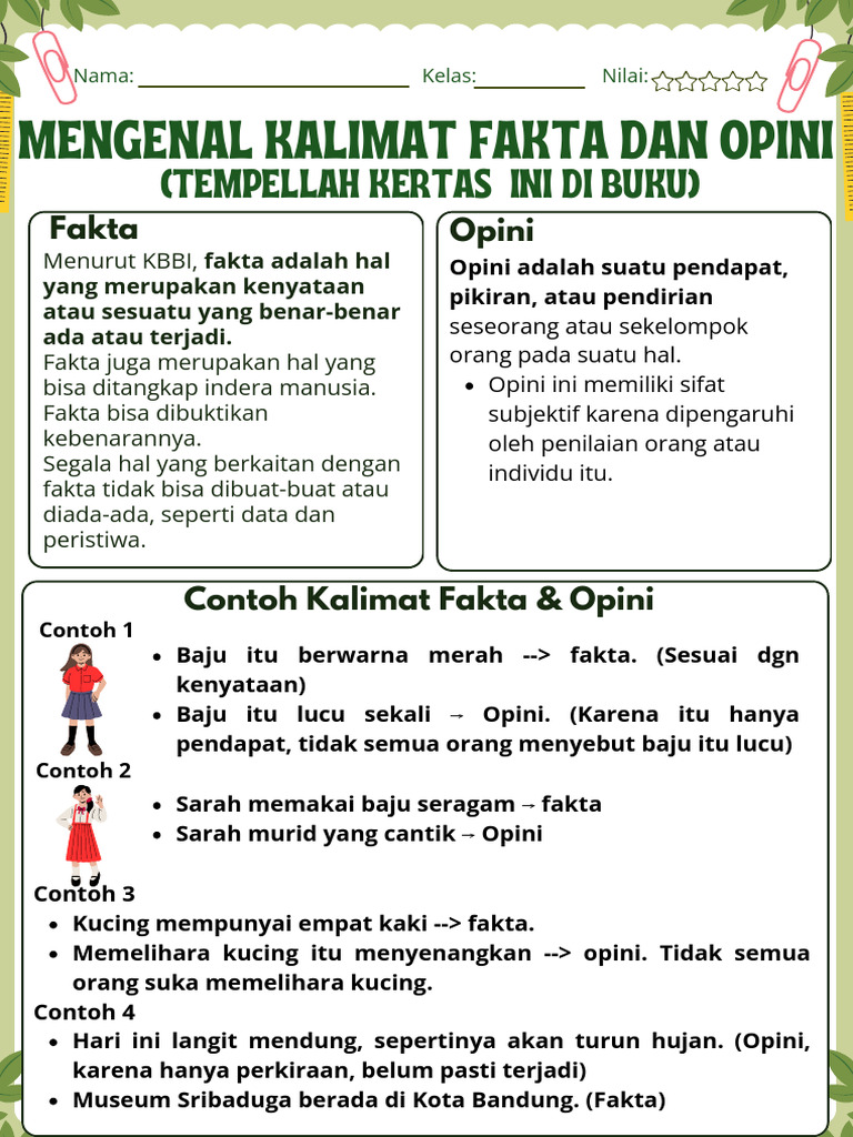 Kalimat Fakta dan Opini untuk Kelas 2 | PDF