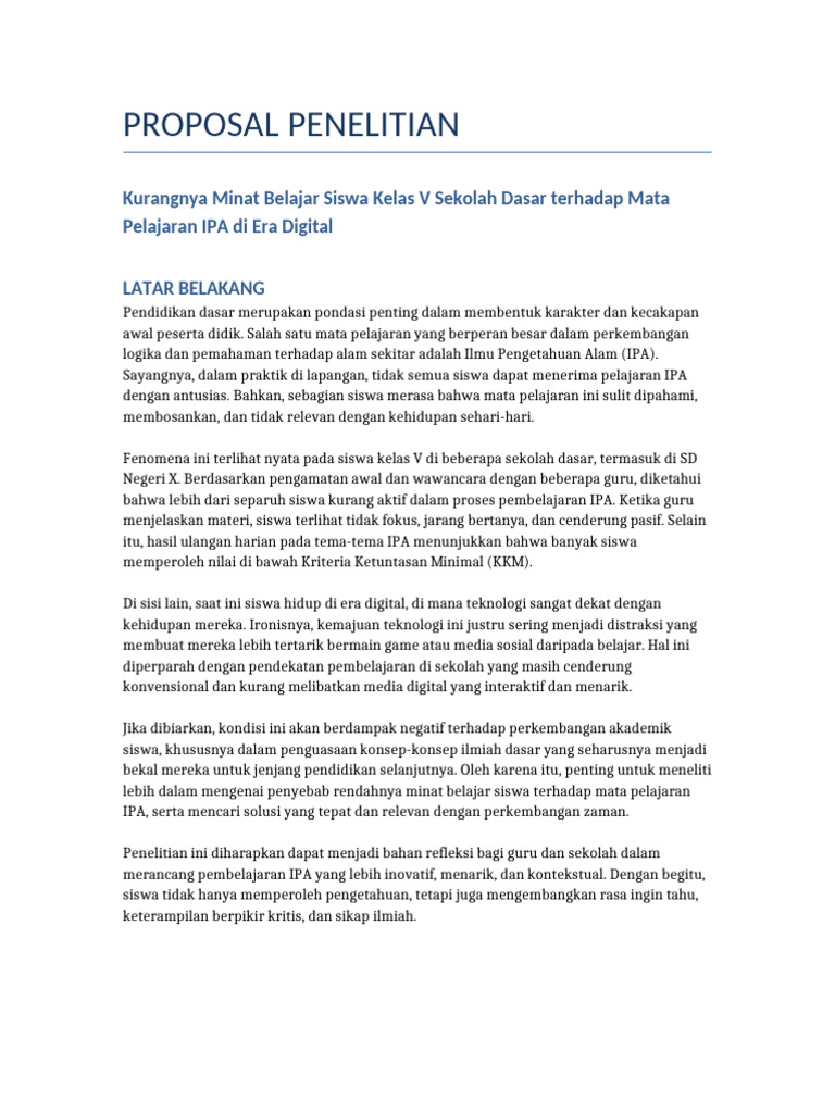Proposal Penelitian Minat Belajar IPA | PDF