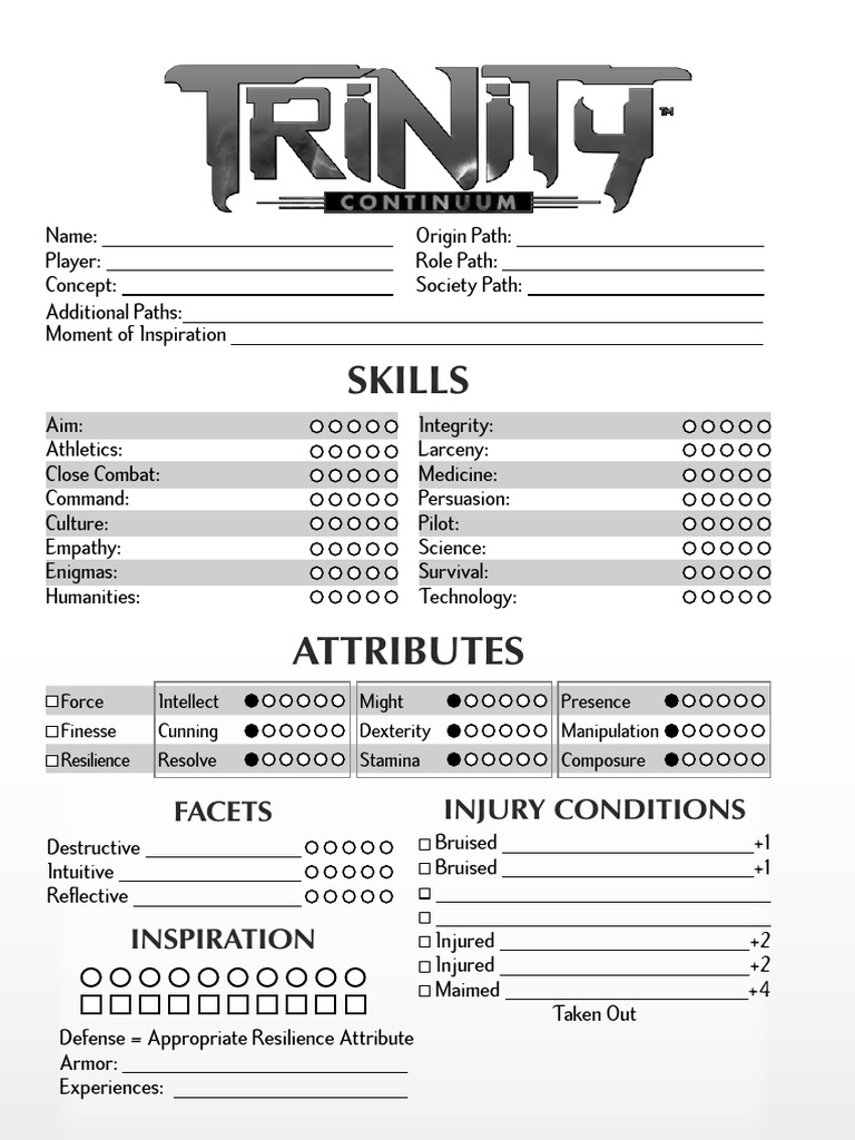 Trinity Continuum - Core - Character Sheet (Grayscale) (2019) | PDF