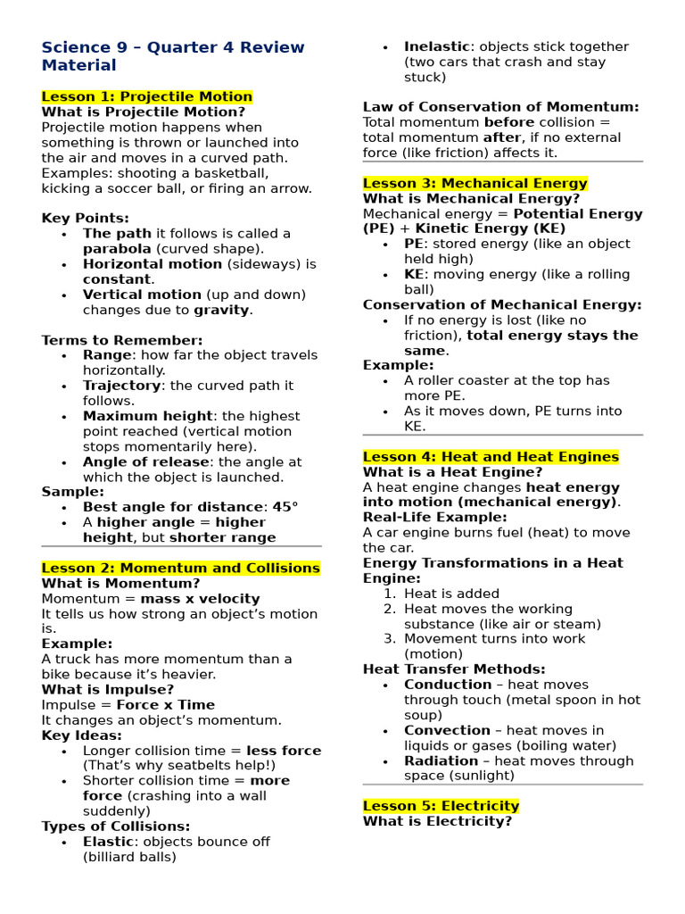 Study Notes Science 9 Quarter 4 For STUDENTS | PDF | Momentum | Electricity