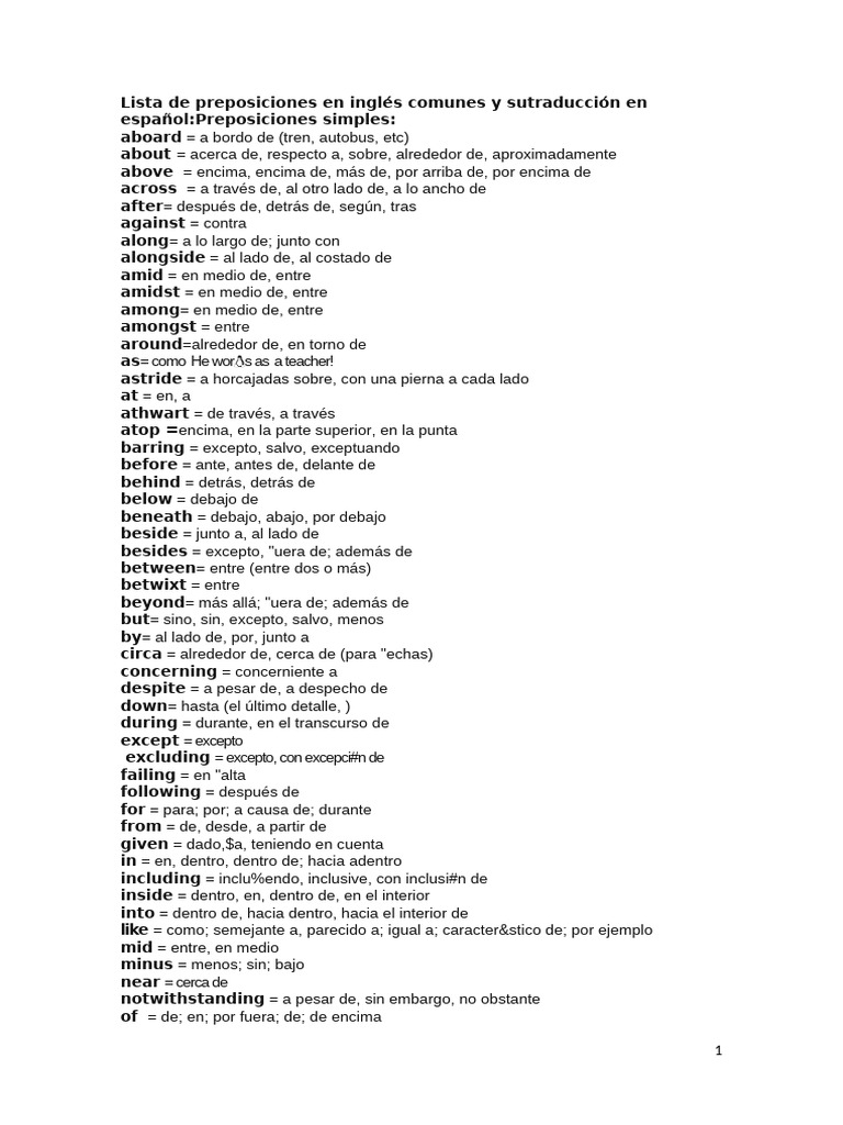 Lista de preposiciones en inglés | PDF | Unidades Semánticas