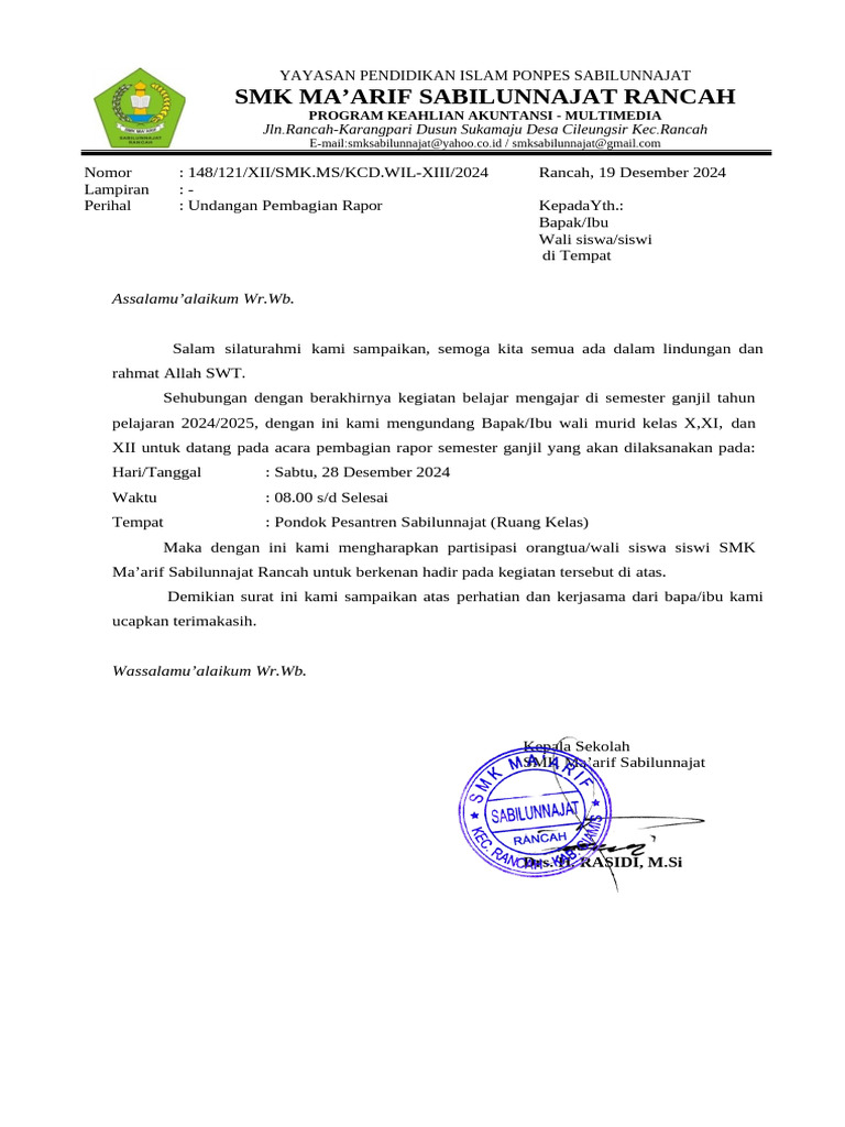 Undangan Pembagian Rapor Siswa MTS GUPPI SABILUNNAJAT CILEUNGSIR | PDF