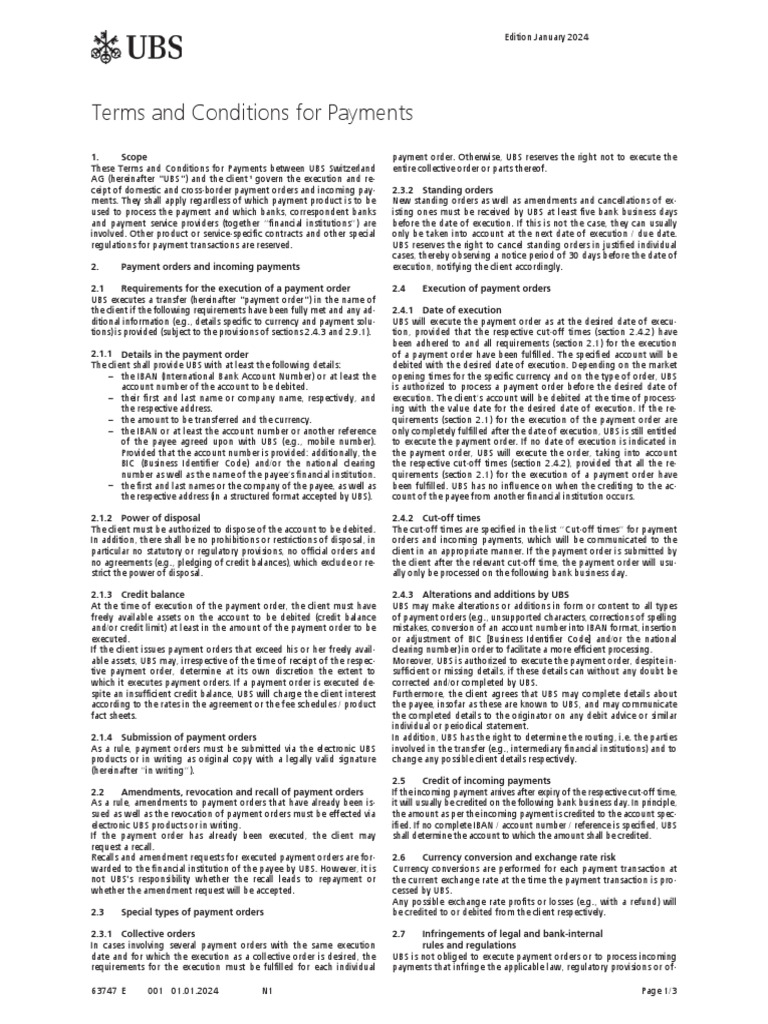 UBS Payment Terms and Conditions 2024 | PDF | Payments | Money