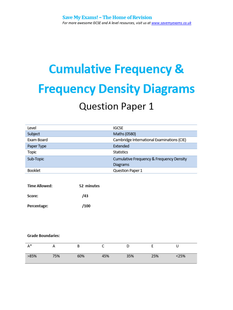 95.1 Cumulative Freq Freq Density Diagrams-Cie Igcse Maths 0580-Ext Theory-Qp | PDF | Student ...