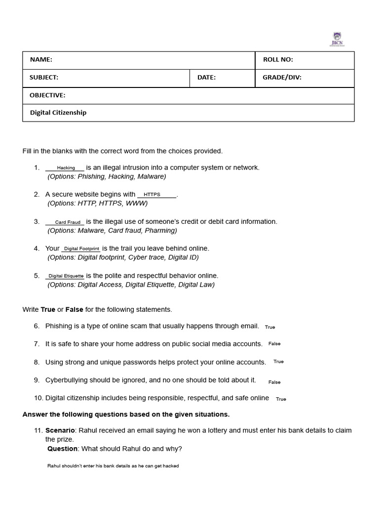 Digital Citizenship Worksheet Guide | PDF | Computer Security | Security