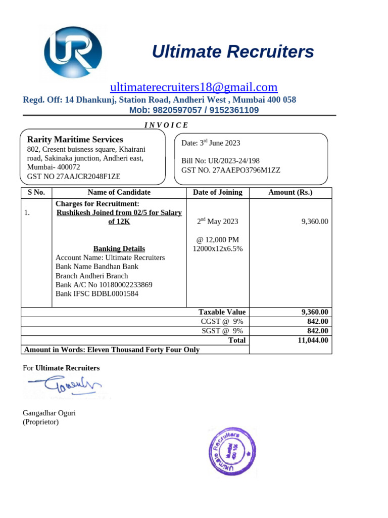 198 Rarity Maritime Invoice For MR Rushikesh | PDF