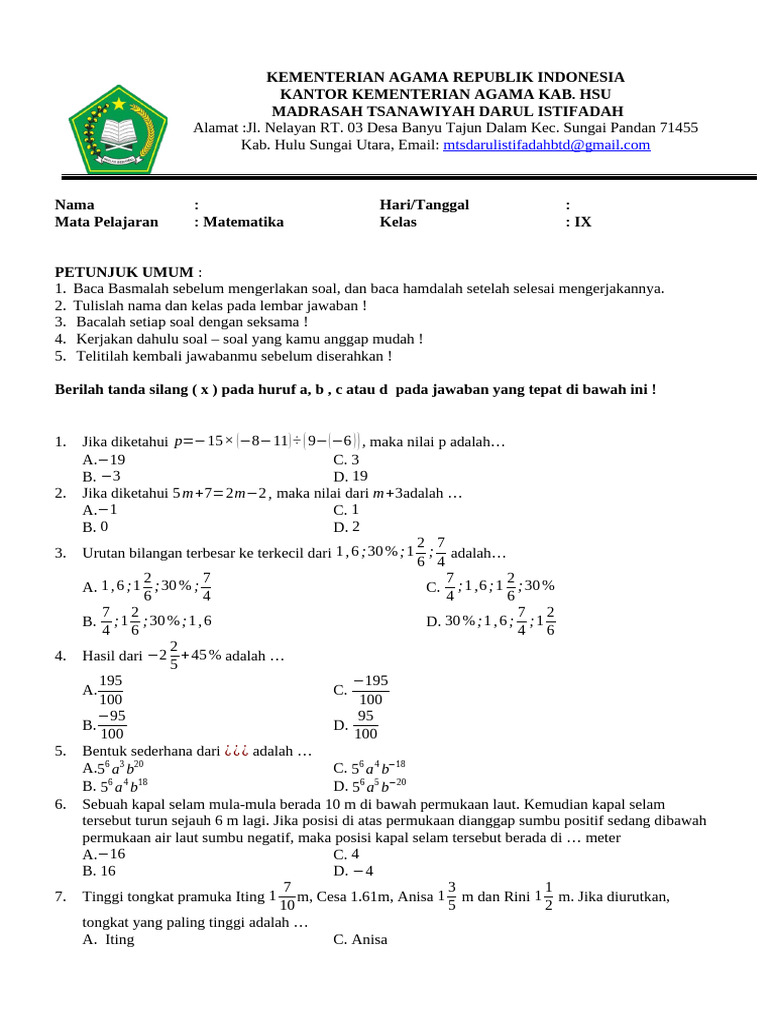 SOAL AM kelas IX MTK SEM 2 2025 | PDF