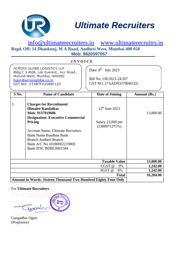 207 Across Globe Invoice for Himalee | PDF