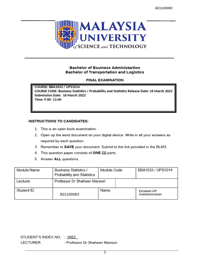 EXAM PAPER FORMAT Statistics Question SET A 1 | PDF | Dependent And ...