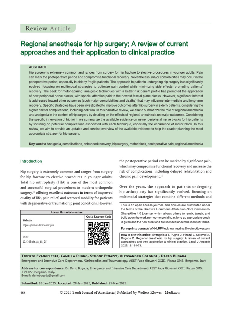 Regional Anesthesia for Hip Surgery a Review of.2 | PDF | Vertebra ...