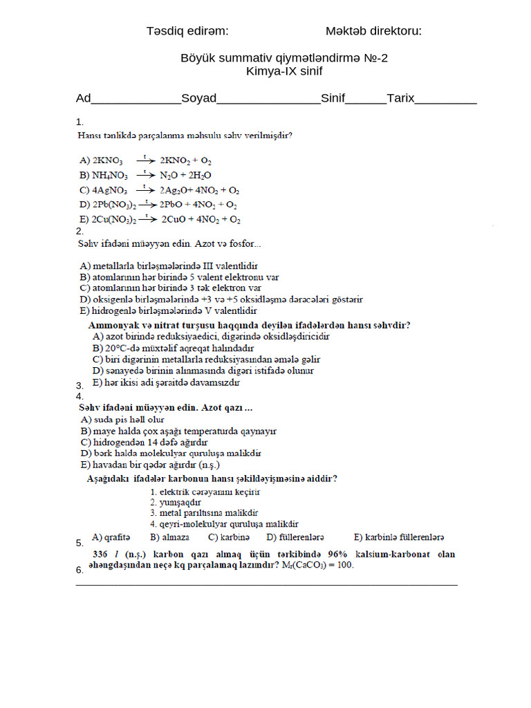 Kimya - IX Sinif. BSQ-2 | PDF