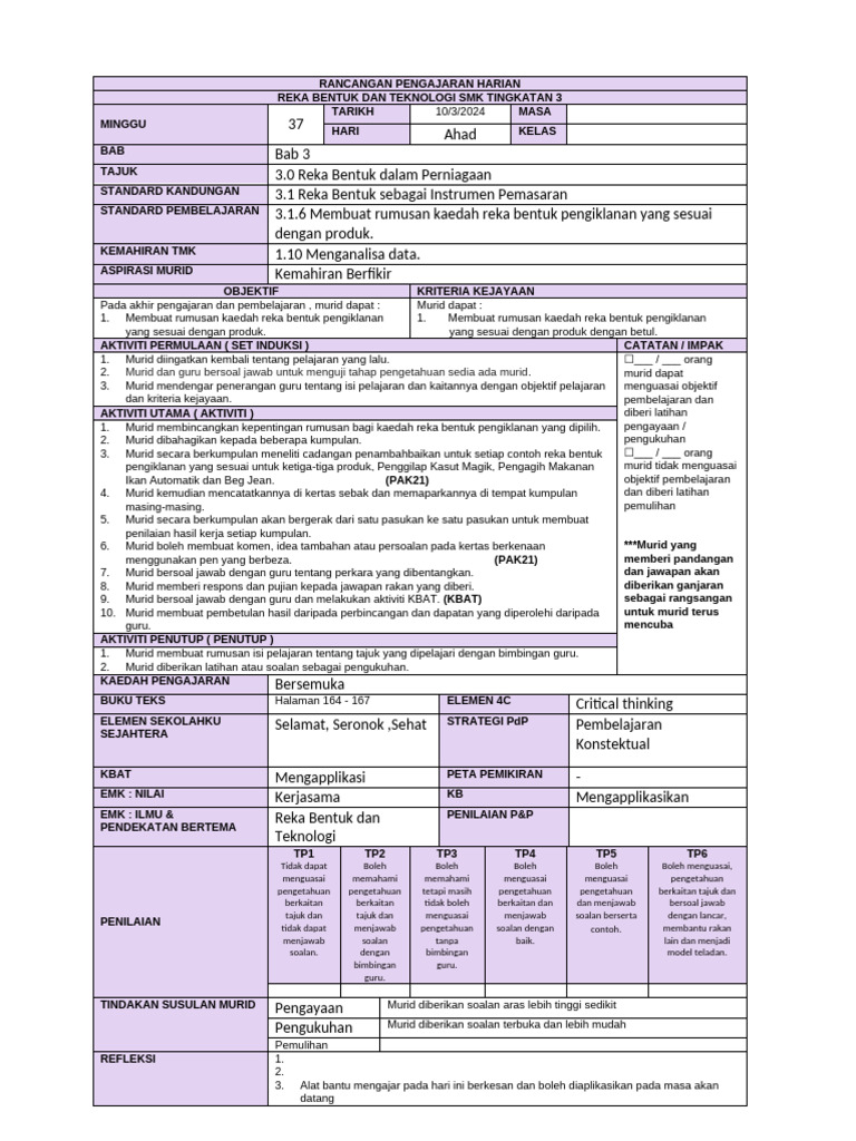 RPH Minggu 37 SMK RBT Tingkatan 3 2024-2025 by Cikgu Gorgeous | PDF