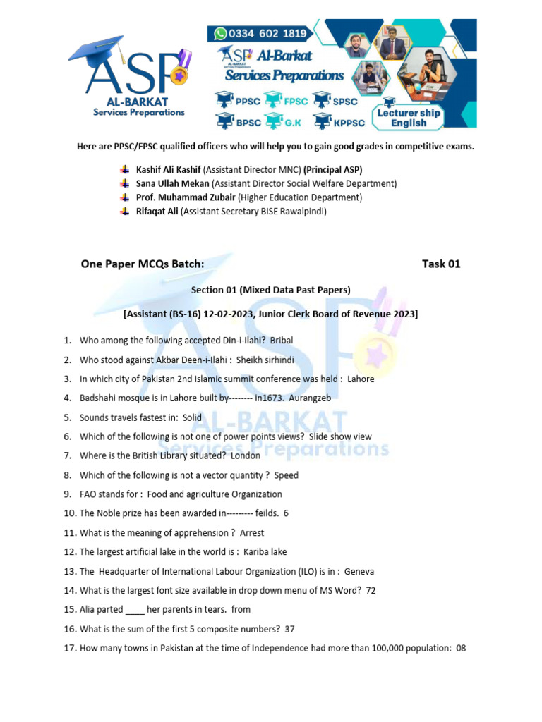 Task 1 (ASP) One Paper MCQs | PDF