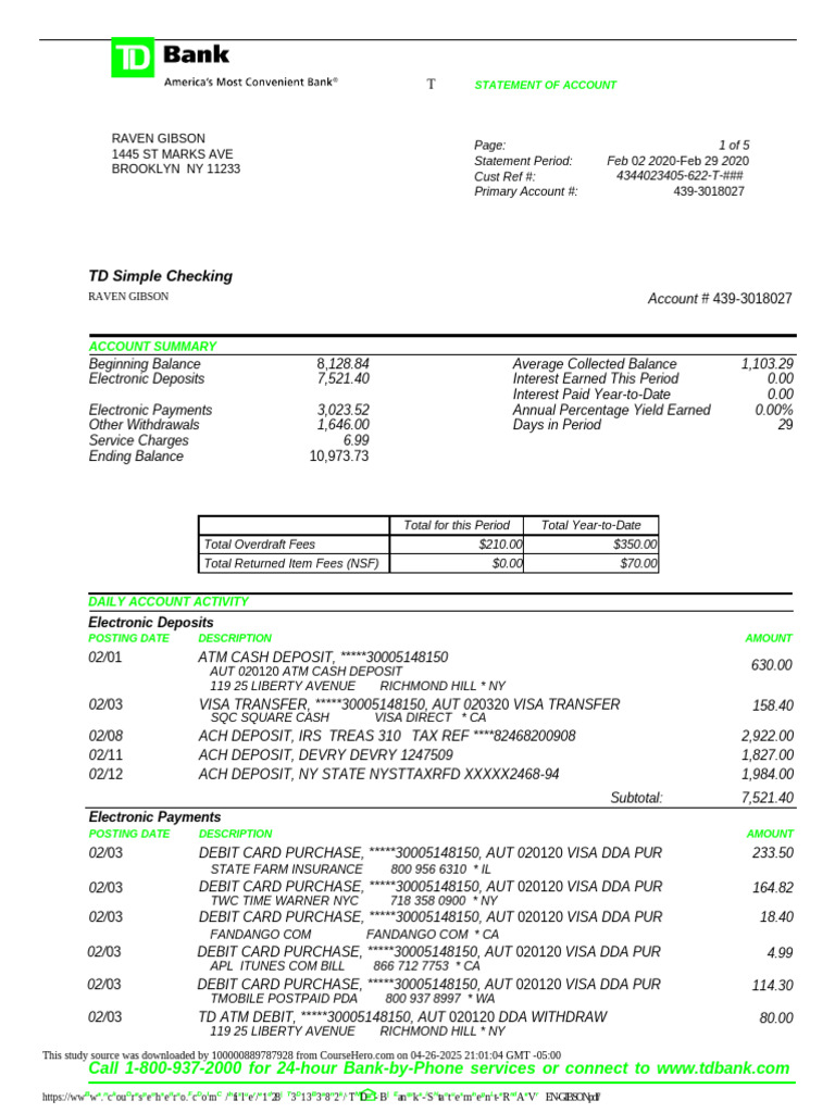 TD_Bank__Statement_RAVEN_GIBSON.pdf | PDF | Debit Card | Overdraft