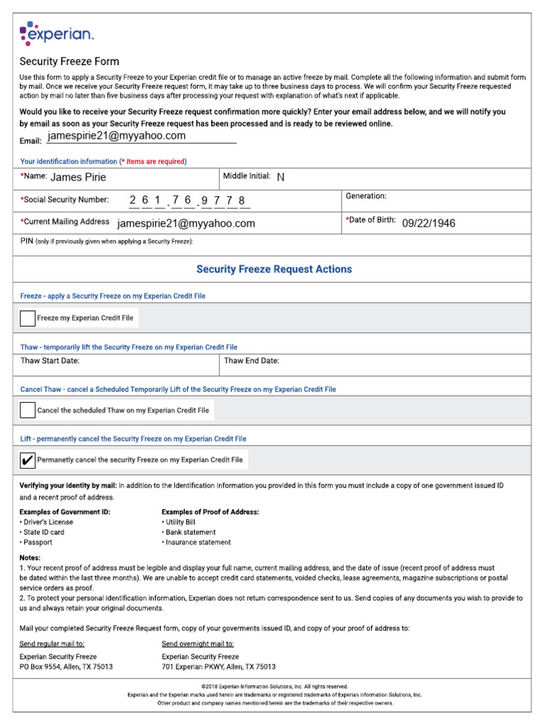 Security Freeze Form | PDF