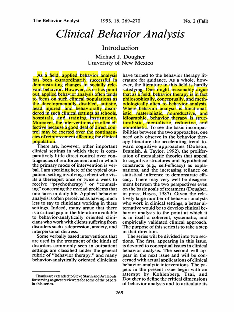Dougher (1993). Clinical Behavior Analysis | PDF | Psychotherapy | Behaviour Therapy