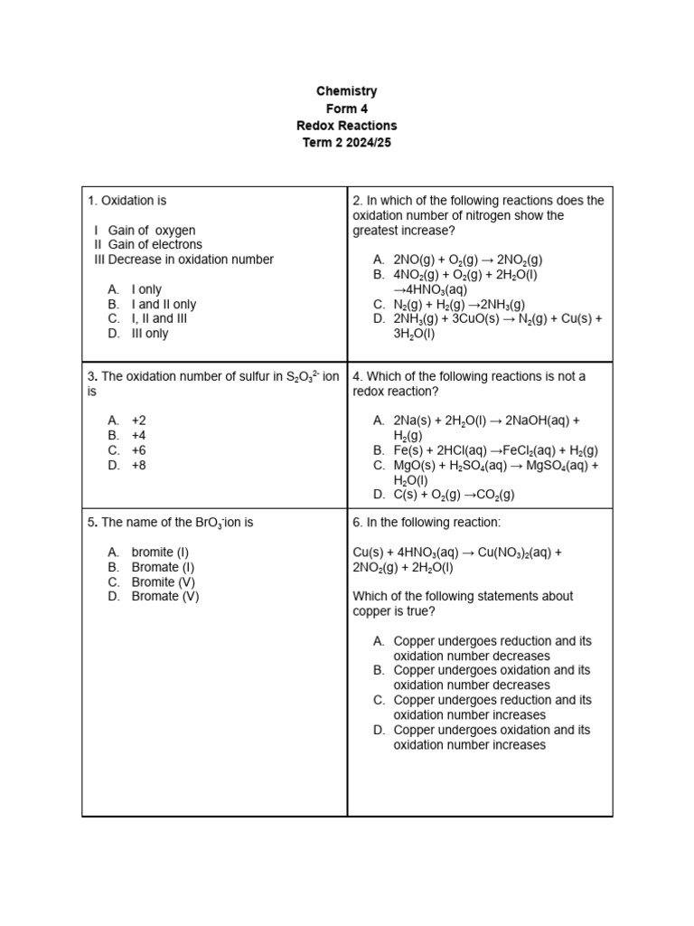Redox Reactions Study Guide for Form 4 | PDF | Redox | Chemical Reactions